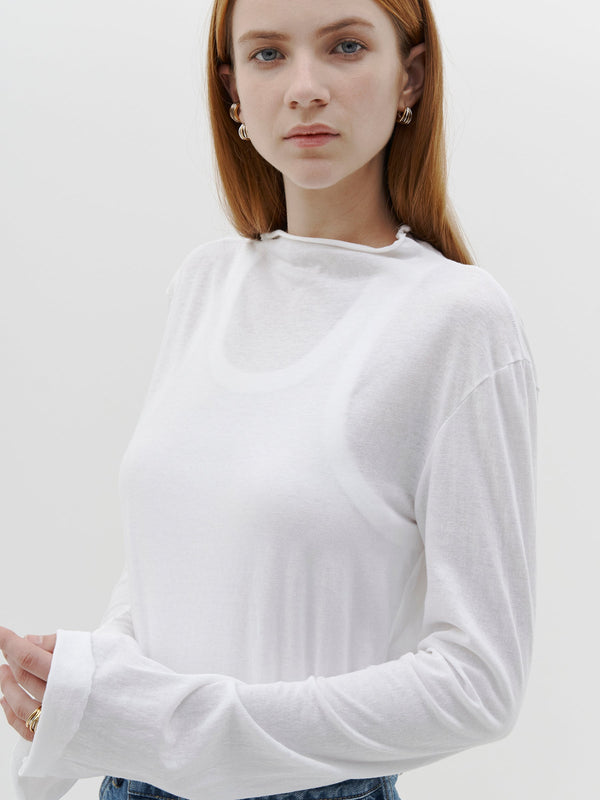 raised neck slim long sleeve t.shirt in white